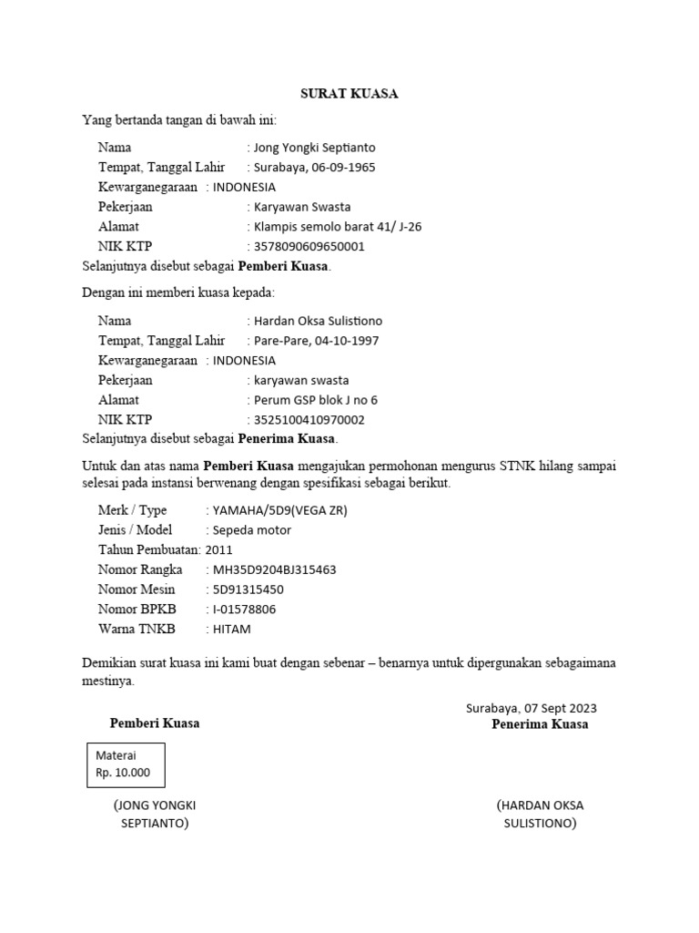 Surat Kuasa STNK Hilang Kosongan 1 | PDF