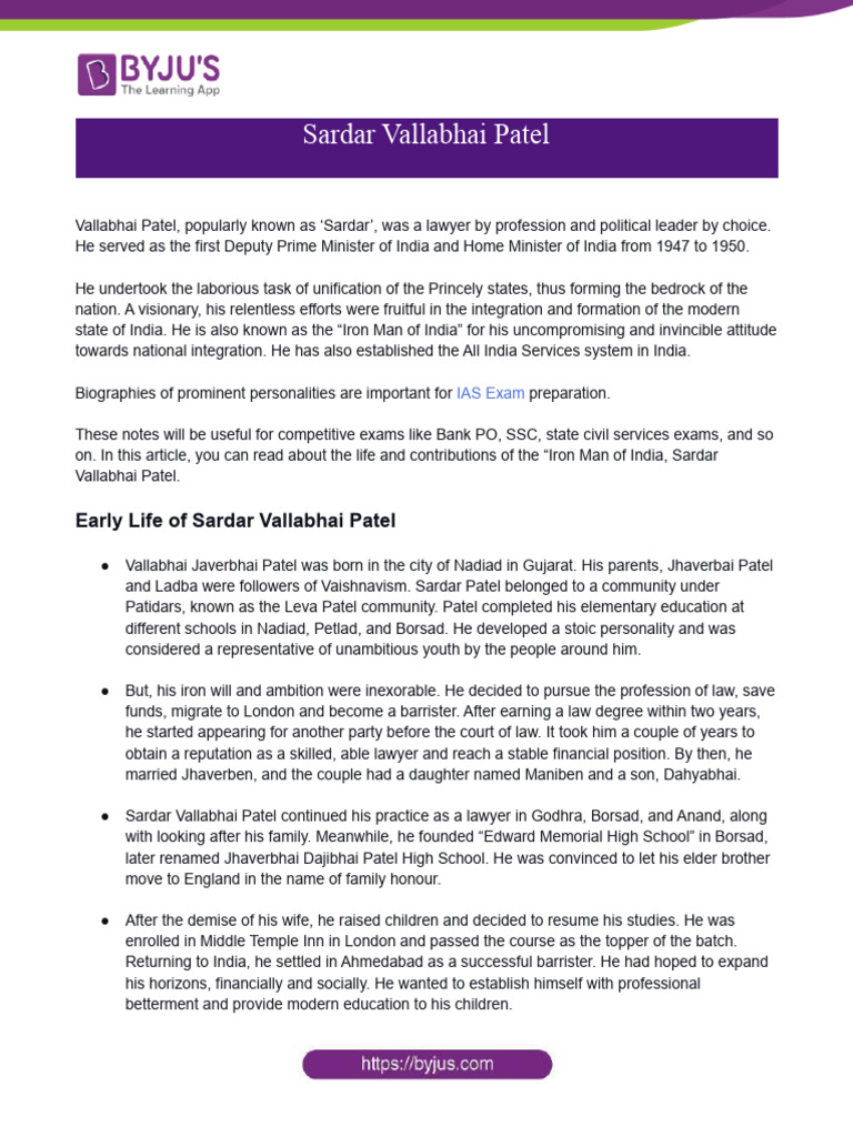 Sardar Vallabhai Patel Biography For UPSC | PDF | Partition Of India | Jawaharlal Nehru