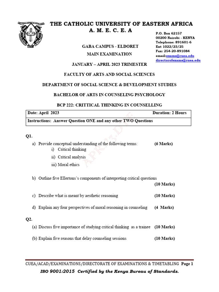 BCP 222 CRITTICAL THINKING IN COUNSELLING | PDF | Counseling Psychology ...
