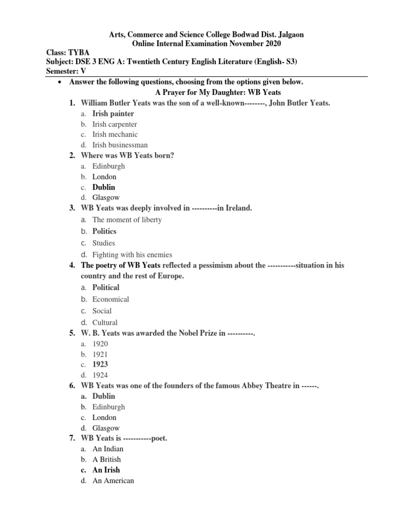 English S3 MCQs 2020 21 Sem V | PDF | W. B. Yeats | T. S. Eliot