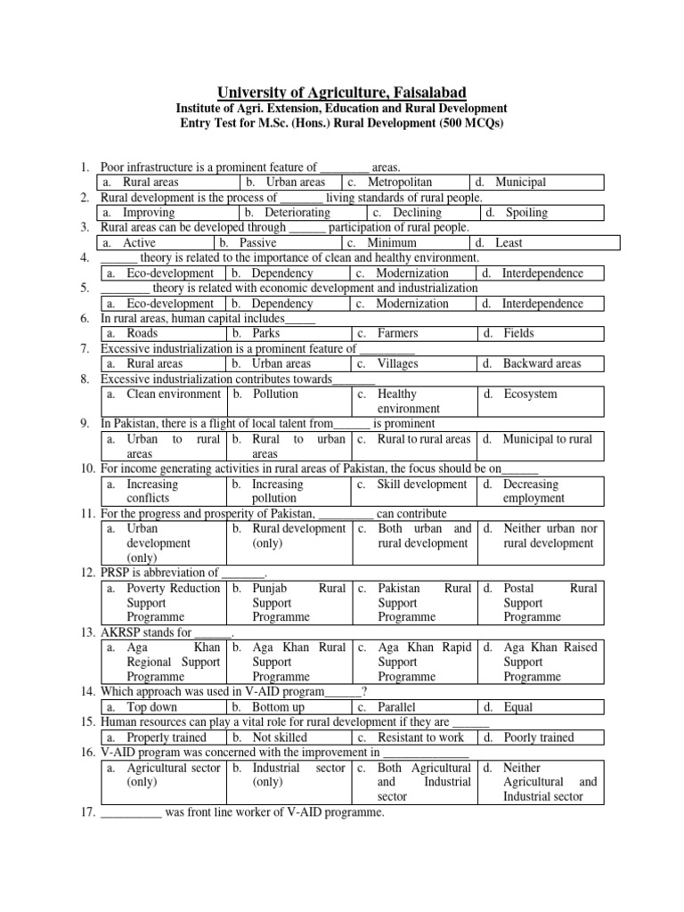 MCQs M.sc. (Hons.) Rural Development (With Answer Key) | PDF | Poverty ...