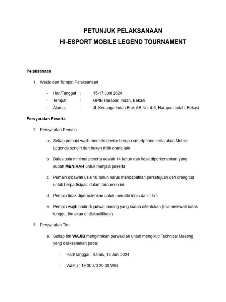 Peraturan Pertandingan Mobile Legend Hi E-Sport | PDF