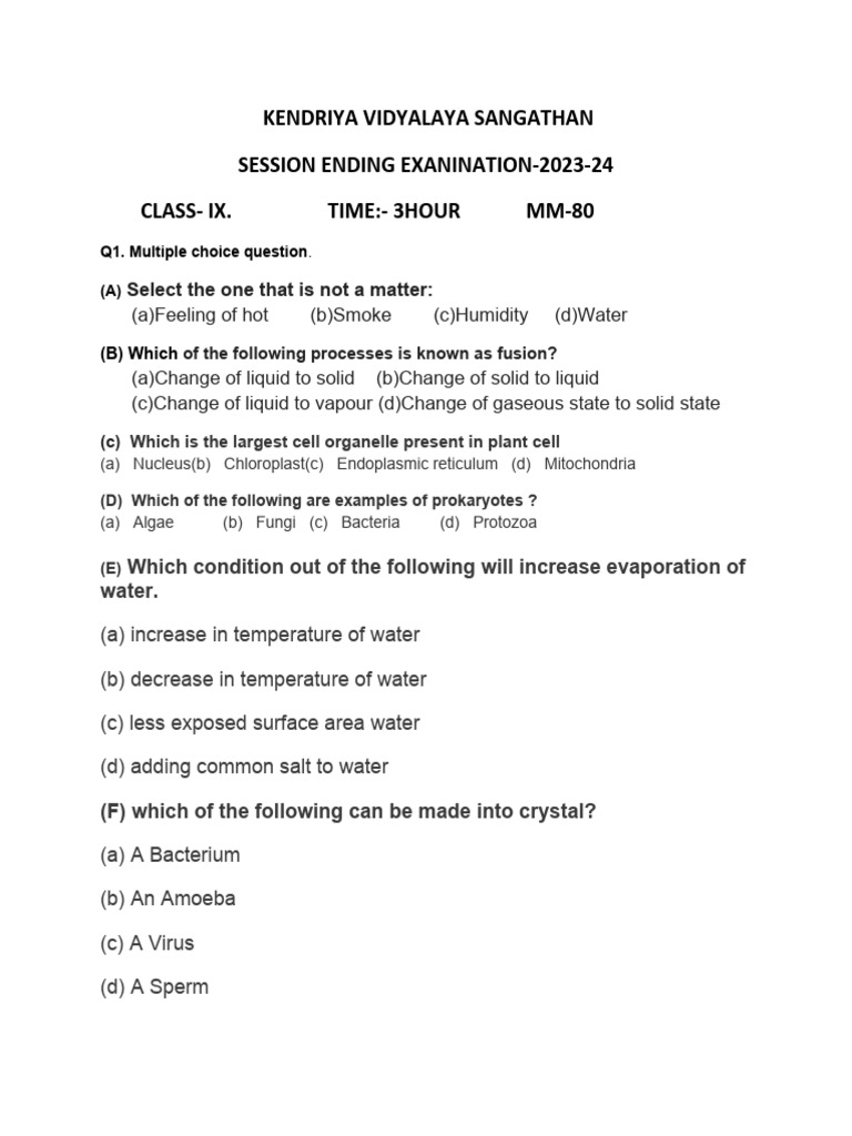 Class IX Science Exam 2023-24 | PDF | Cell (Biology) | Water