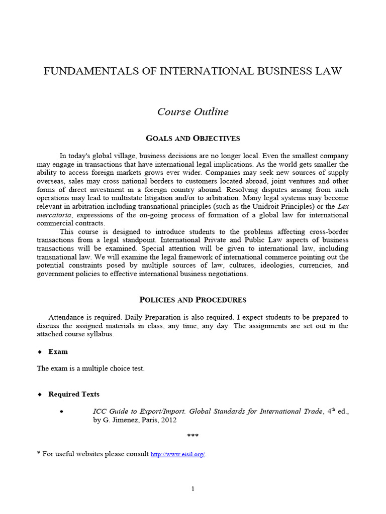 Course Outline Fundamentals of International Business Law | PDF ...