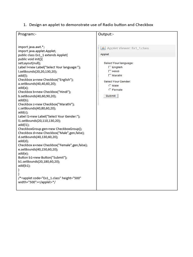 Design An Applet To Demonstrate Use of Radio Button and Checkbox Program:-Output | PDF | Java ...