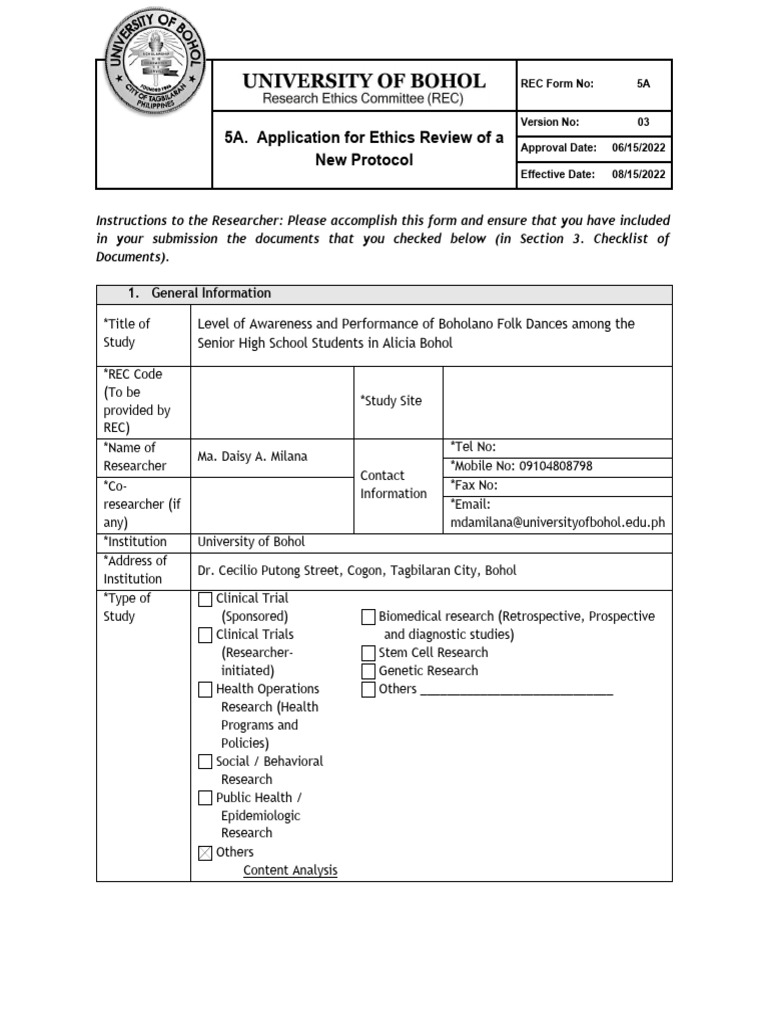 Form 5A. Application For Ethics Review of A New Protocol - 2023 2 1 ...