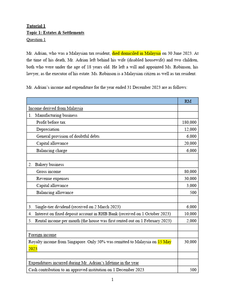 Tutorial 1 - Estate Settlement (Q) | PDF | Expense | Taxes