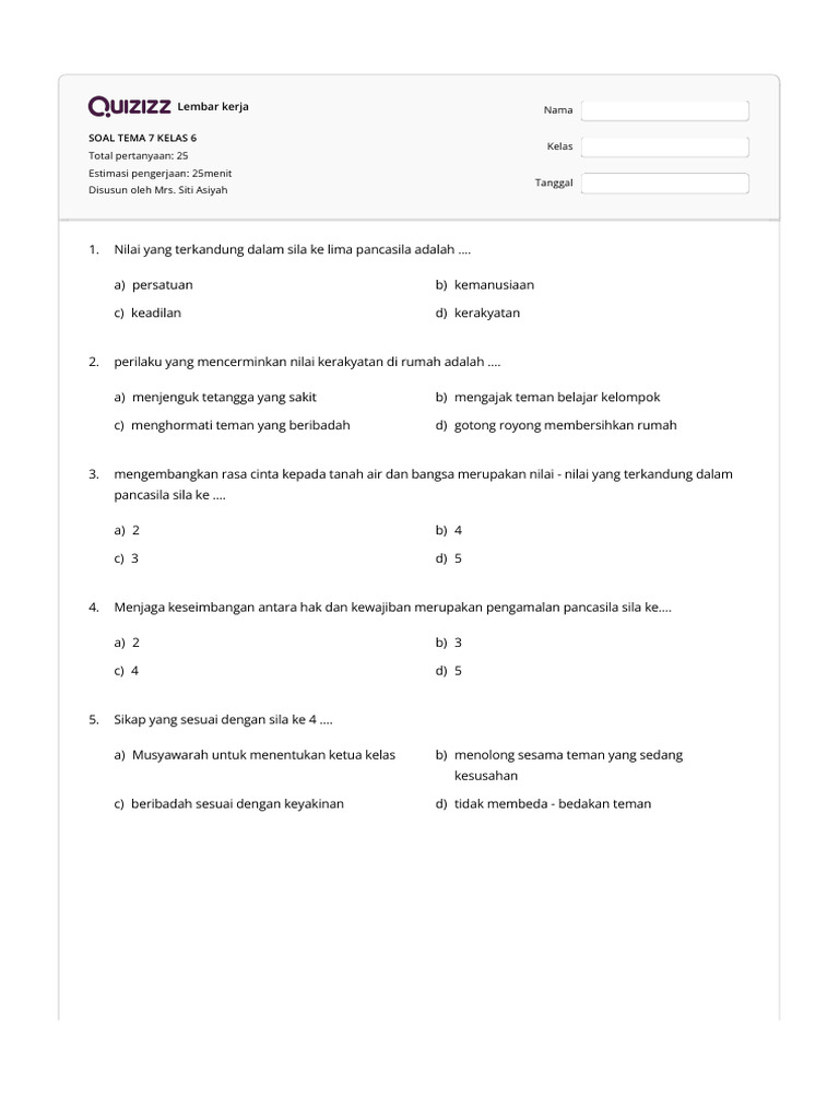 SOAL TEMA 7 KELAS 6 Quizizz | PDF