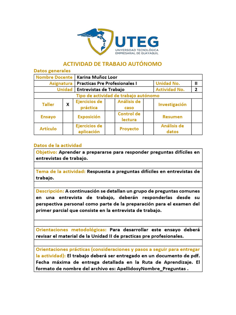 Taller - U2 - Practicas - PreProfesionales - Car. Ivanna Cabrera ...