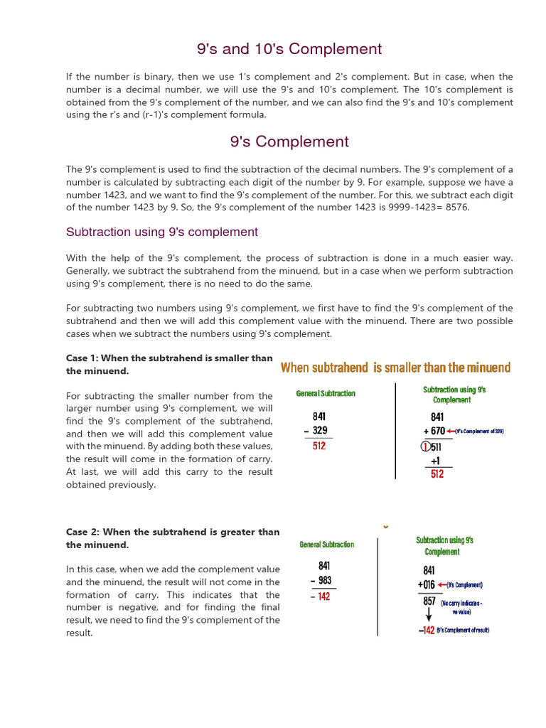 9s Complement And 10s Complement Pdf Subtraction Mathematical Notation