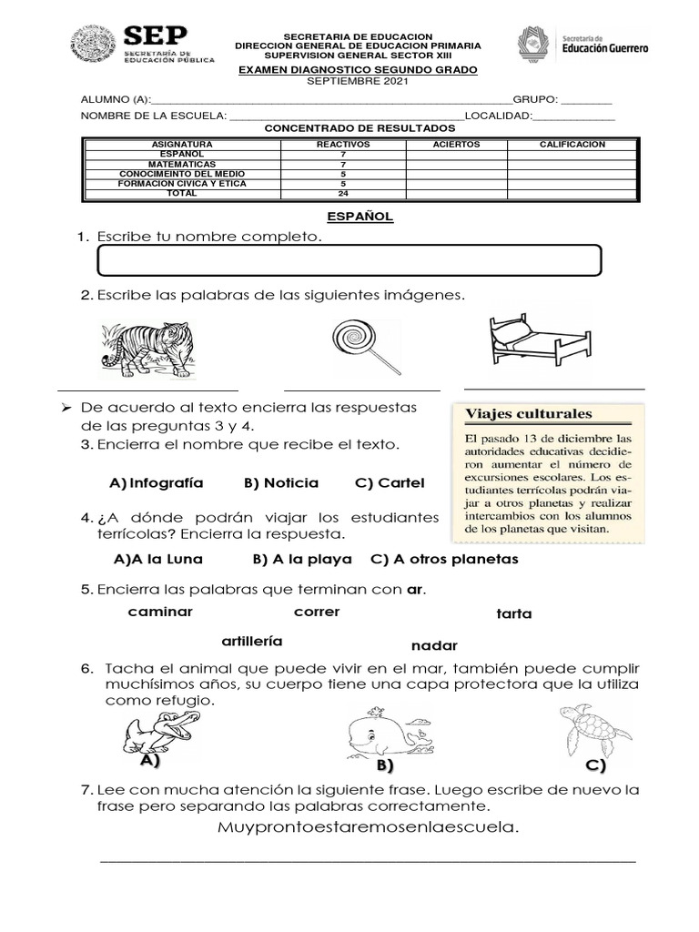 2º - Examen Diagnostico - Segundo Grado - 21 - 22 | PDF
