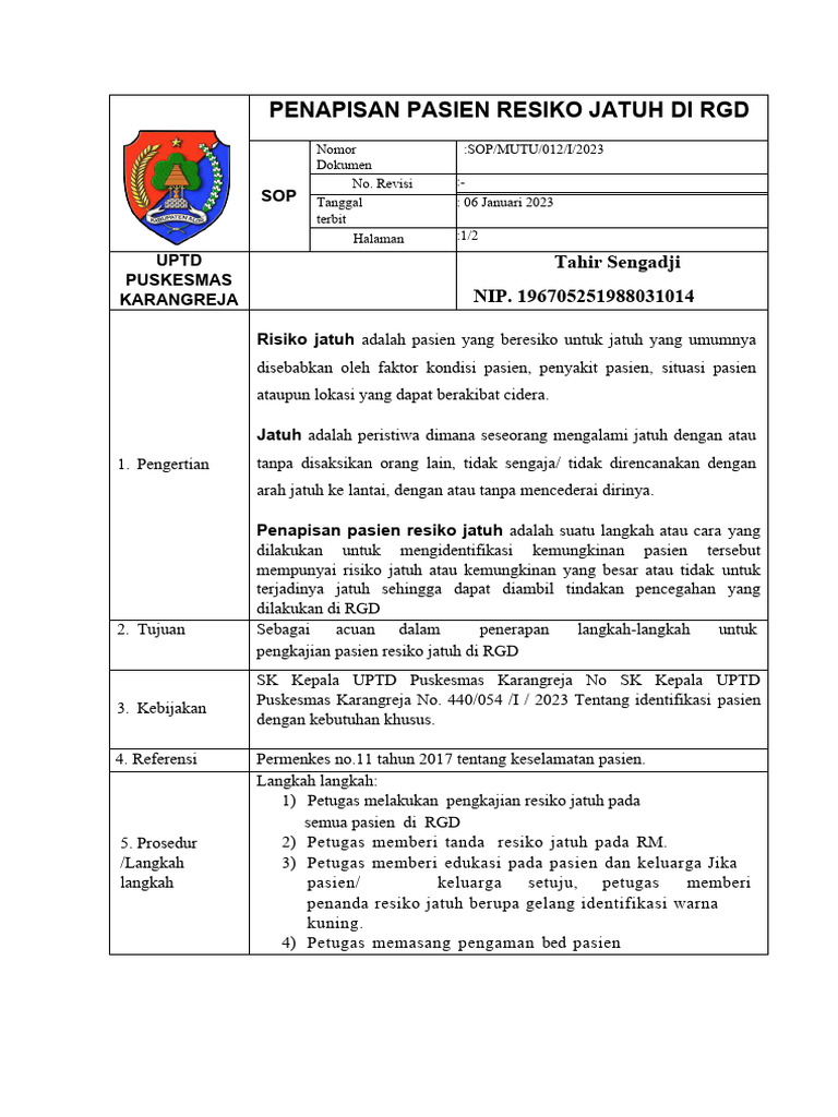 Sop. Penapisan Pasien Resiko Jatuh Di RGD | PDF