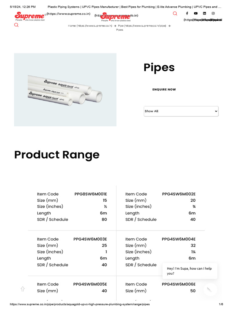 Supreme UPVC Pipe | PDF | Plumbing | Pipe (Fluid Conveyance)