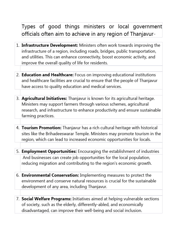 Types of Good Things Ministers or Local Government Officials Often Aim ...