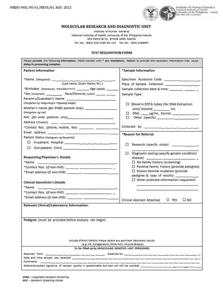 MRDU-MOL-FO-01 MolGen Test Requisition Form | PDF | Medical Genetics ...