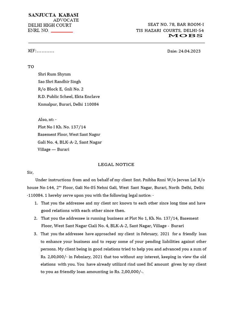 Legal Notice for Loan Recovery | PDF | Cheque | Crimes