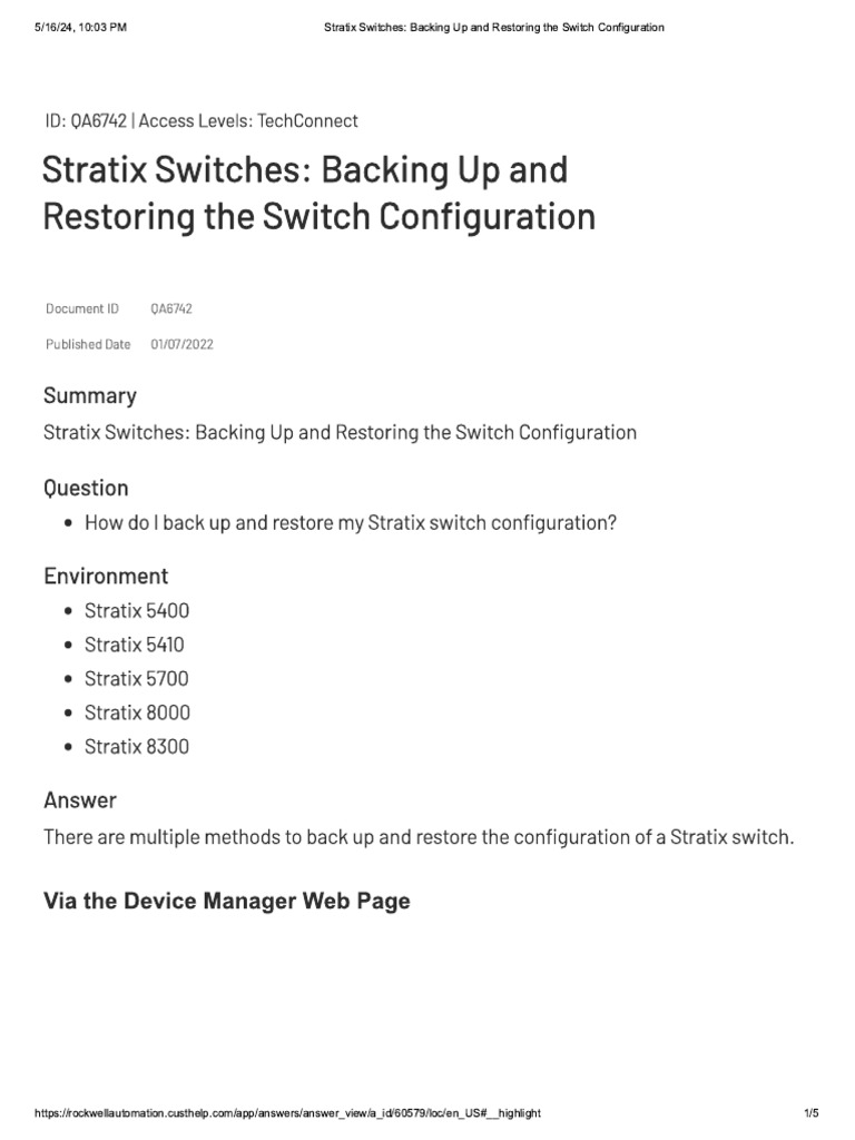 Stratix Switches - Backing Up and Restoring The Switch Configuration | PDF