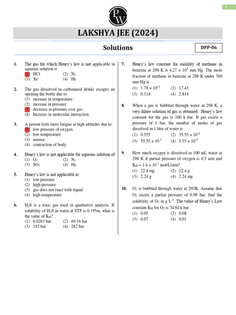 Solutions - DPP 06 (Of Lec 07) - Lakshya JEE 2024 | PDF | Transparent Materials | Chemistry