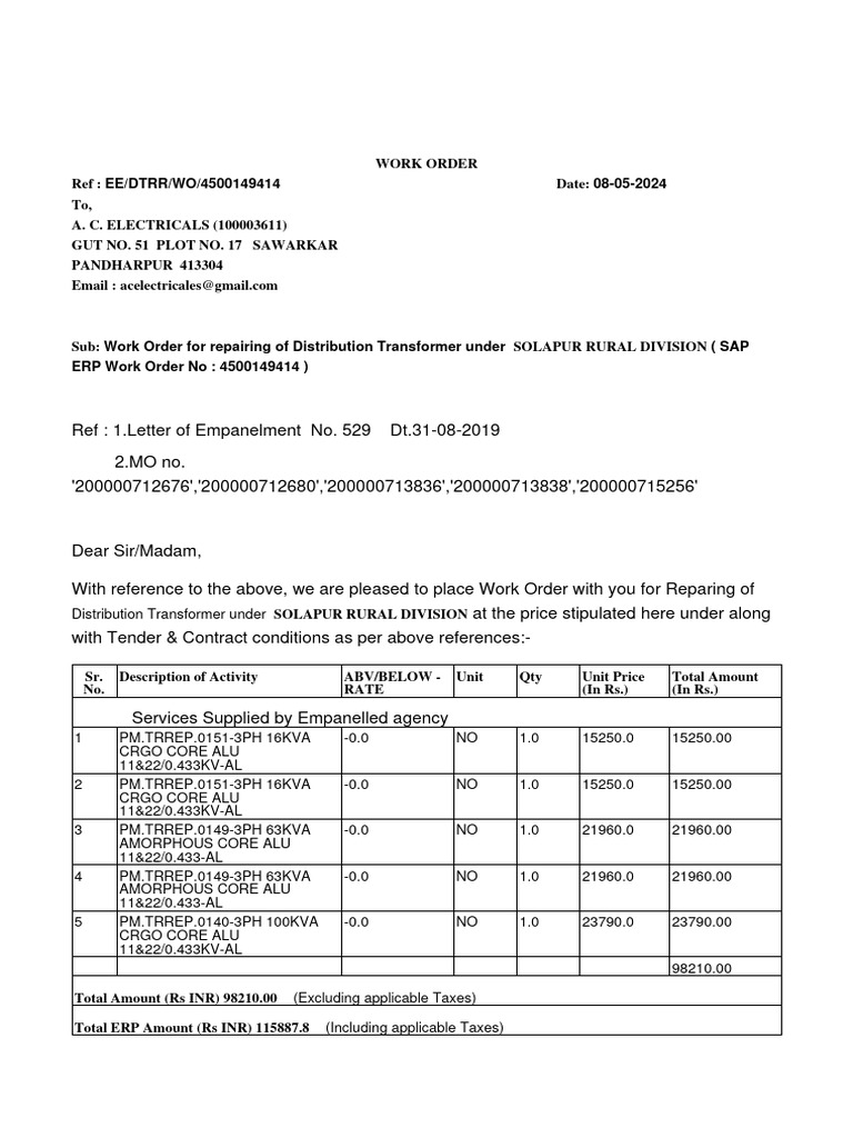 WorkOrder - 4500149414 - TF Repairing Work Order AC Ele | PDF
