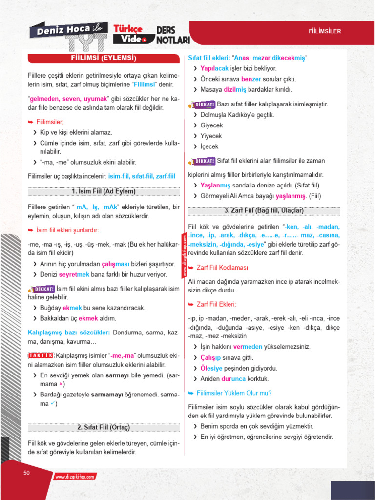 Fiilimsi Ders Notu PDF 2024 Deniz Hoca | PDF