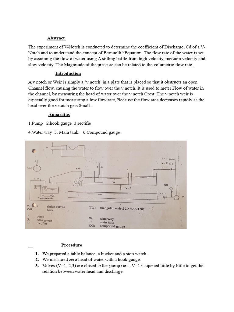 V-Notch Weir Experiment Analysis | PDF | Discharge (Hydrology) | Pump