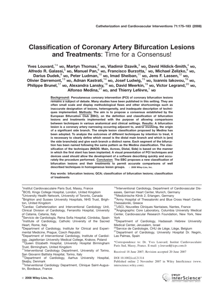 Classification of Coronary Artery Bifurcation Lesions and Treatments ...