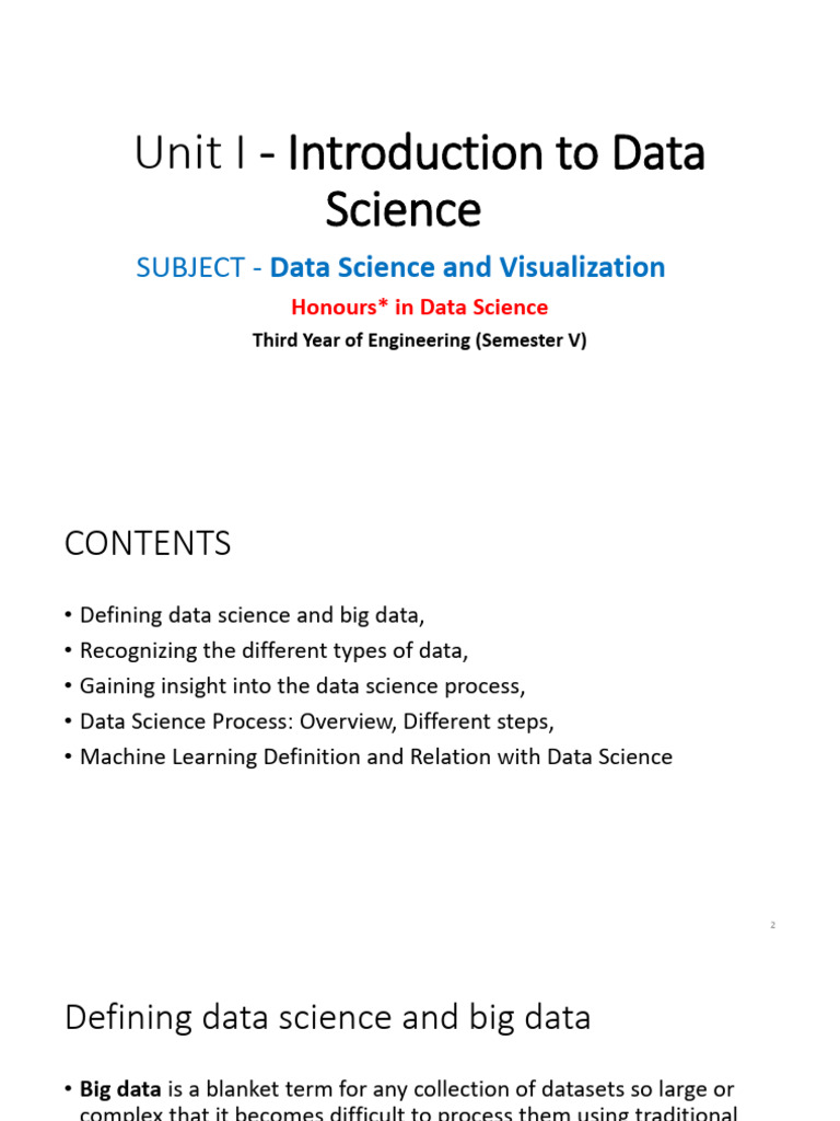 TE Sem1 UNIT 1 (Data Science and Visualization) HONOURS - TE (SEM V) | PDF | Data Science | Data