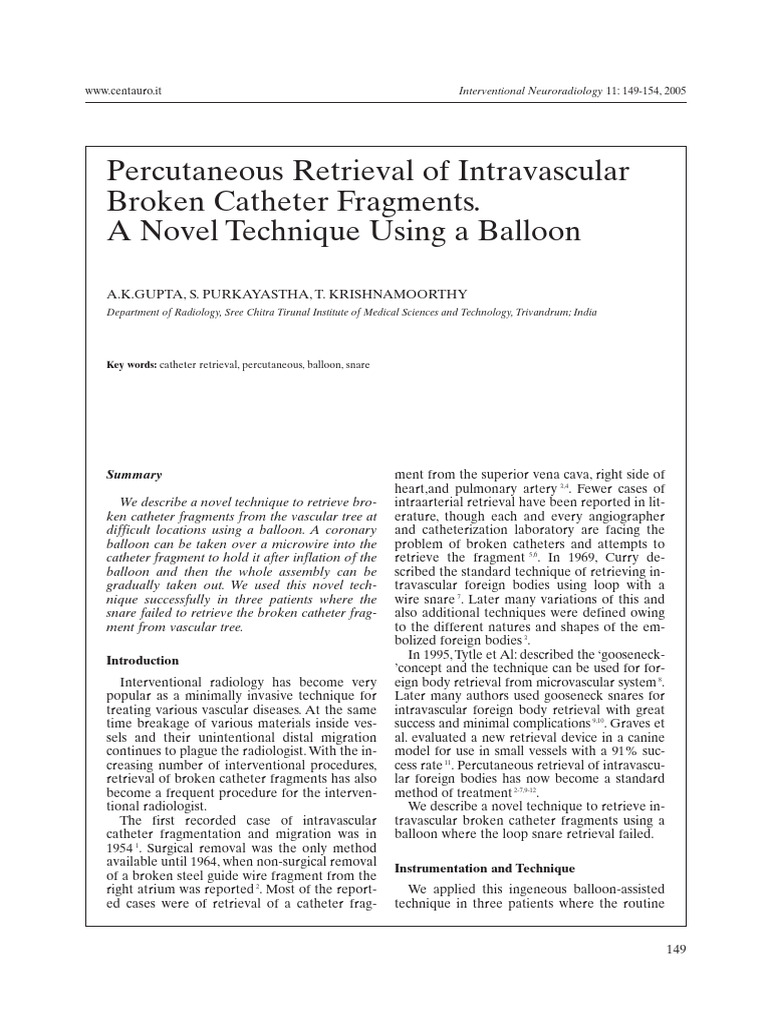 Percutaneous Retrieval of Intravascular Broken Catheter Fragments. A Novel Technique | PDF ...