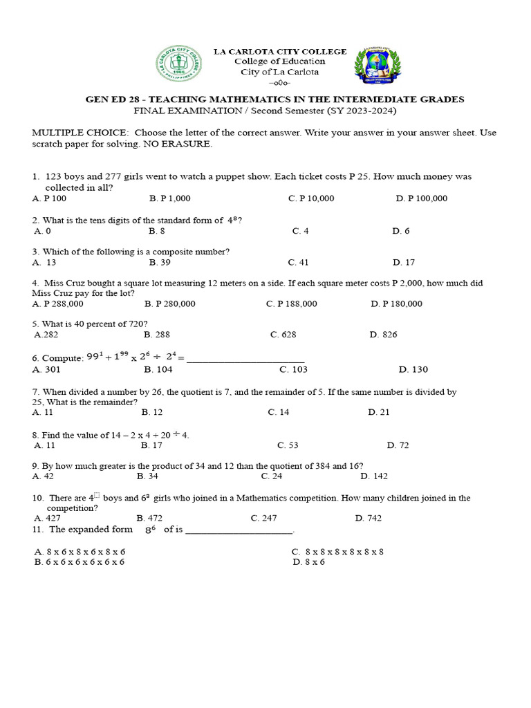 Final Exam 2023 2024 Pdf Decimal Numbers