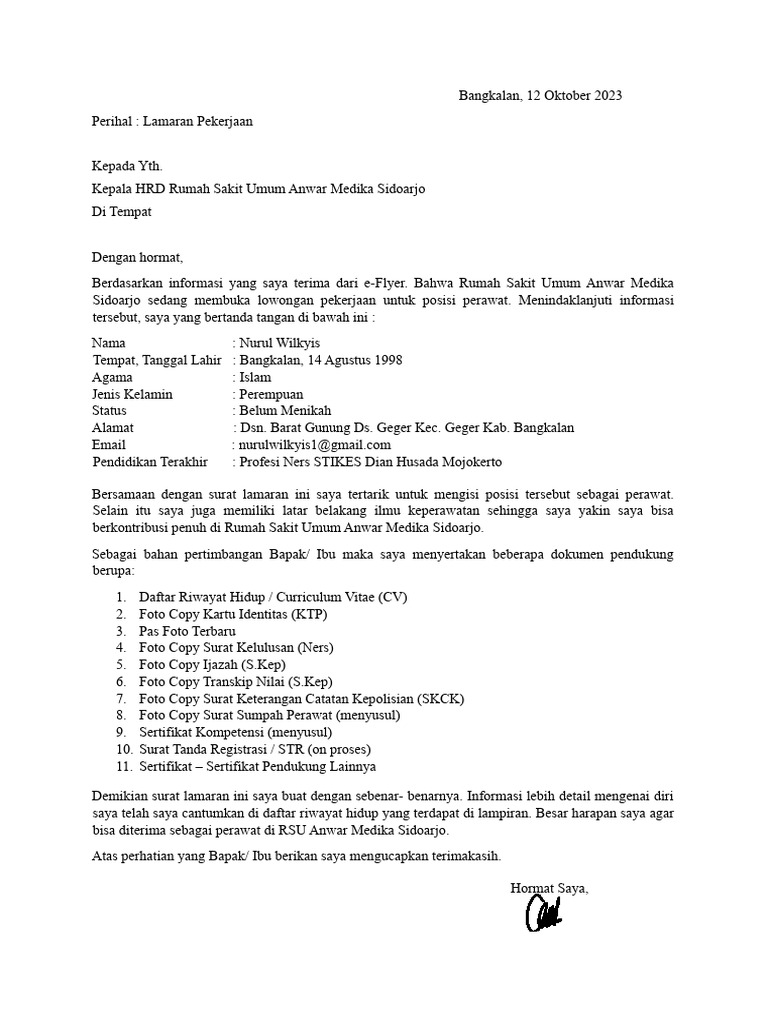 Contoh Surat Lamaran Kerja Perawatt | PDF | Pengembangan Diri | Sains & Matematika