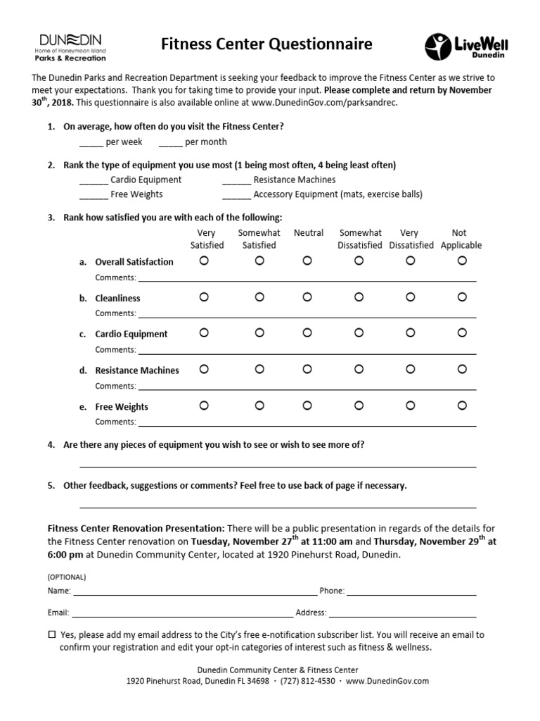 Fitness Center Questionnaire | PDF