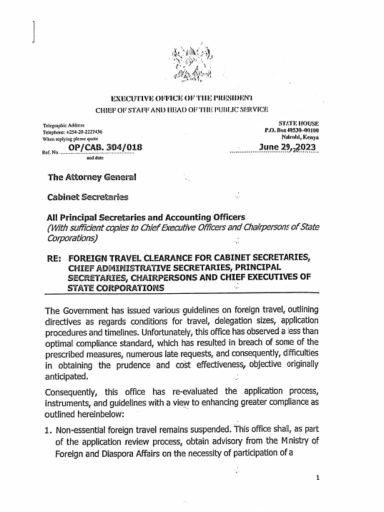 FOREIGN TRAVEL CLEARANCE FOR CABINET SECRETARIES, CHIEF ADMINS ...
