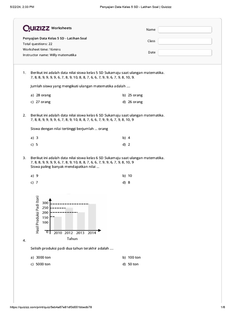 Penyajian Data Kelas 5 SD - Latihan Soal - Quizizz | PDF