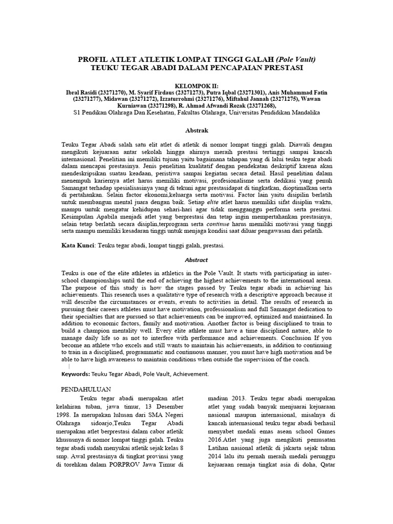 Profil Atlet Atletik Lompat Tinggi Galah Kelompok Ii | PDF