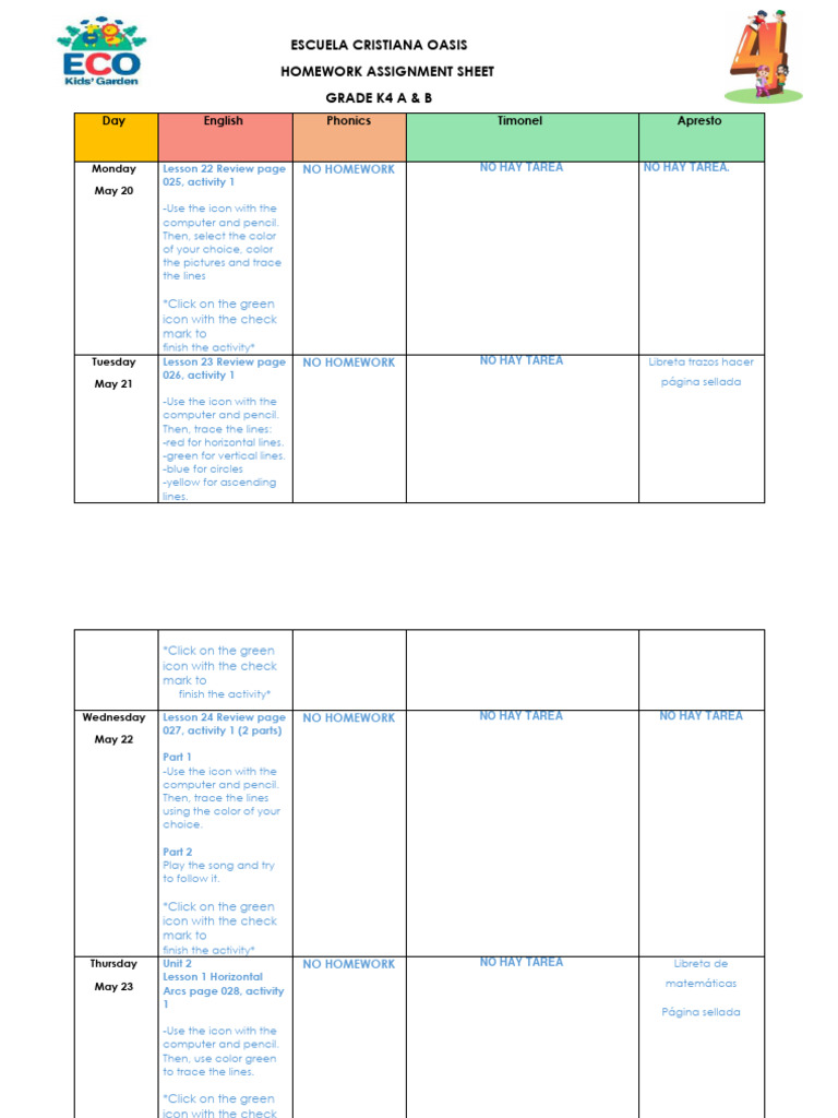 Tareas K4: Actividades Diarias Mayo | PDF | Hogar, jardinería y bricolaje