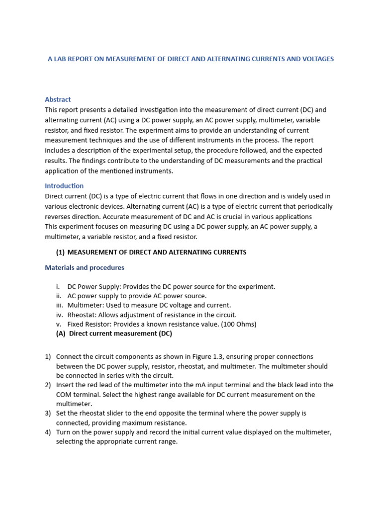 A Lab Report On Measurement of Direct and Alternating Currents and ...