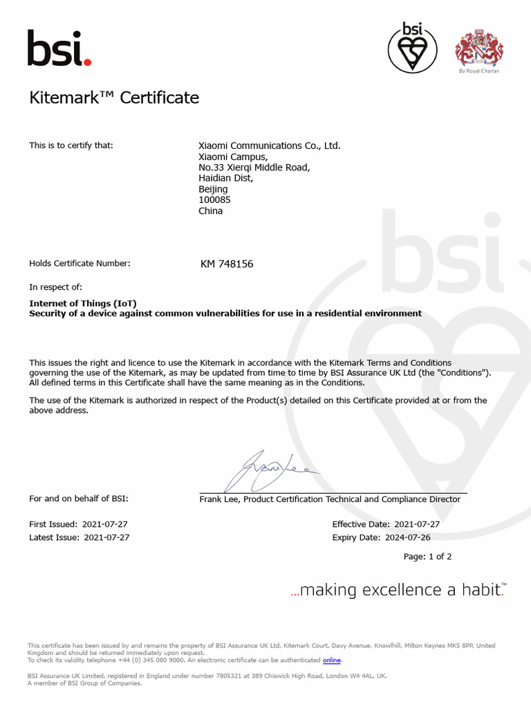 Xiaomi BSI Kitemark Certs | PDF | Internet Of Things | Xiaomi