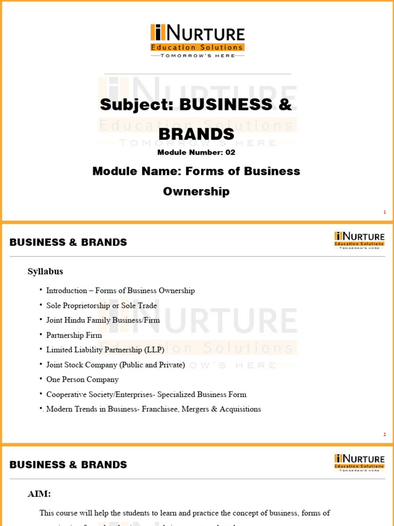 Subject: BUSINESS & Brands: Module Name: Forms of Business Ownership ...