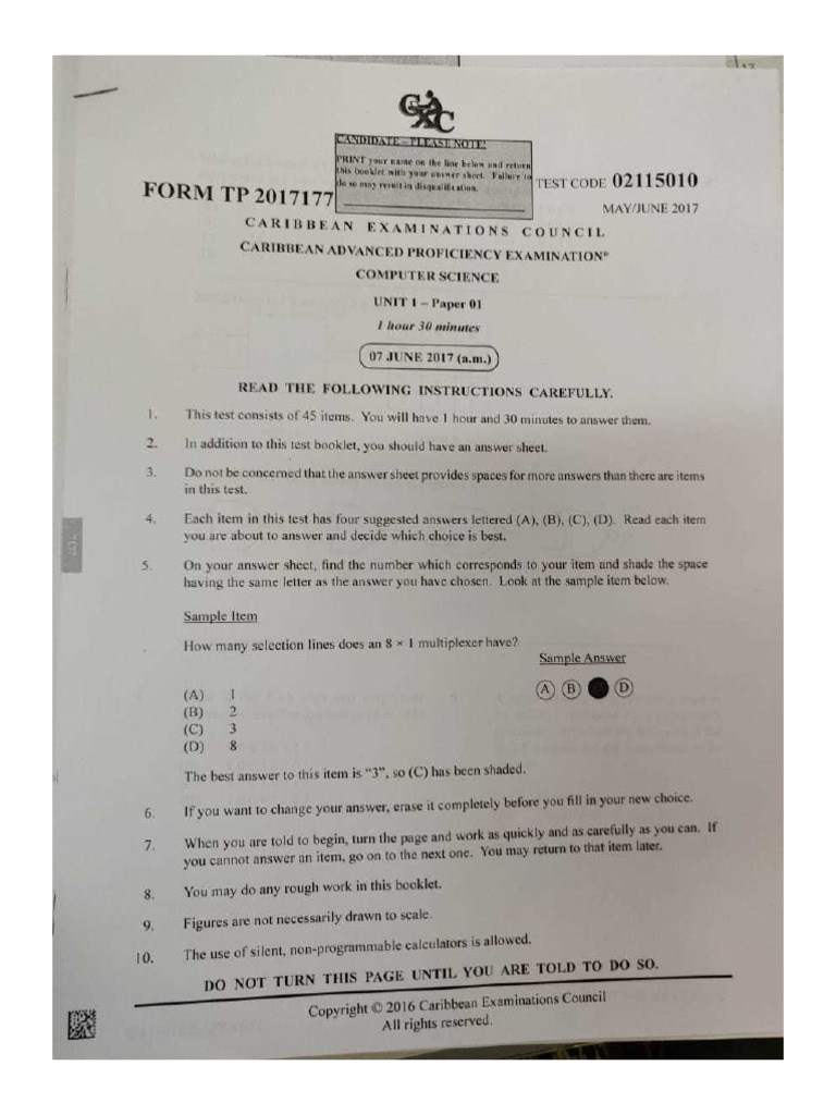 CAPE Computer Science U1 P1 2017 | PDF