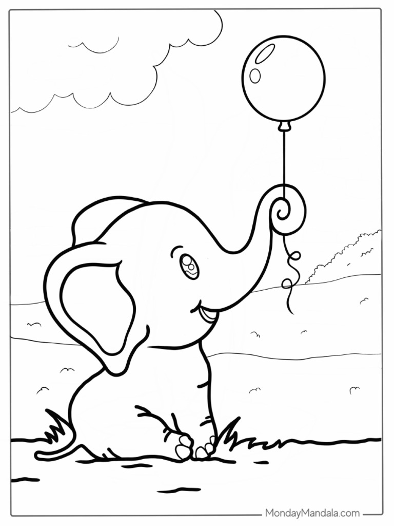 Kawaii Elephant Holding Balloon Coloring for Preschoolers | PDF