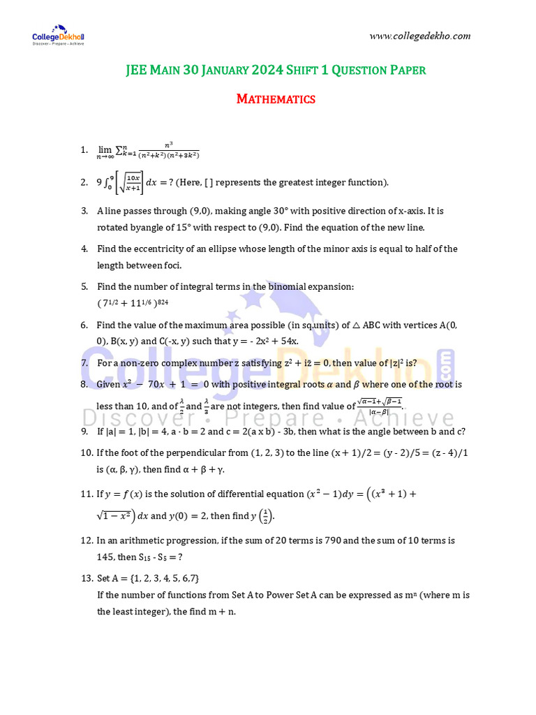 JEE Main 2024 Math Questions | PDF | Mathematics | Mathematical Objects