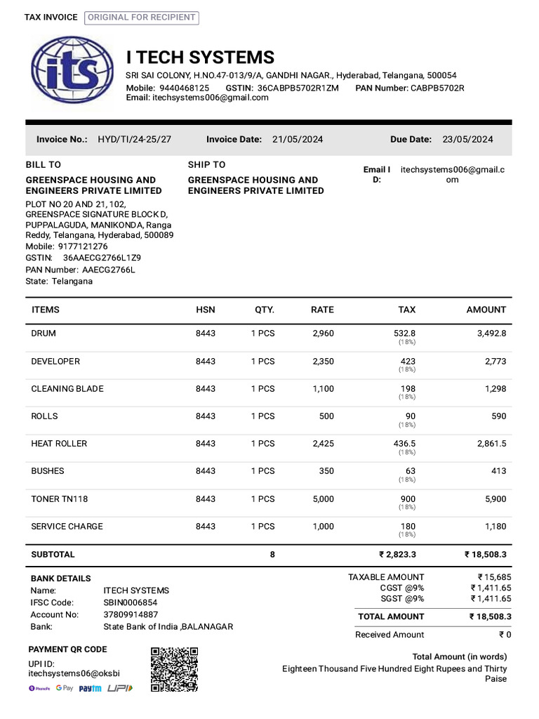 Tax Invoice for I Tech Systems | PDF | Cheque | Payments
