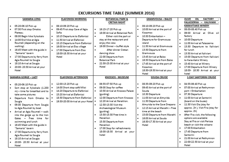 EXCURSION Timetable 2016 and Description | PDF