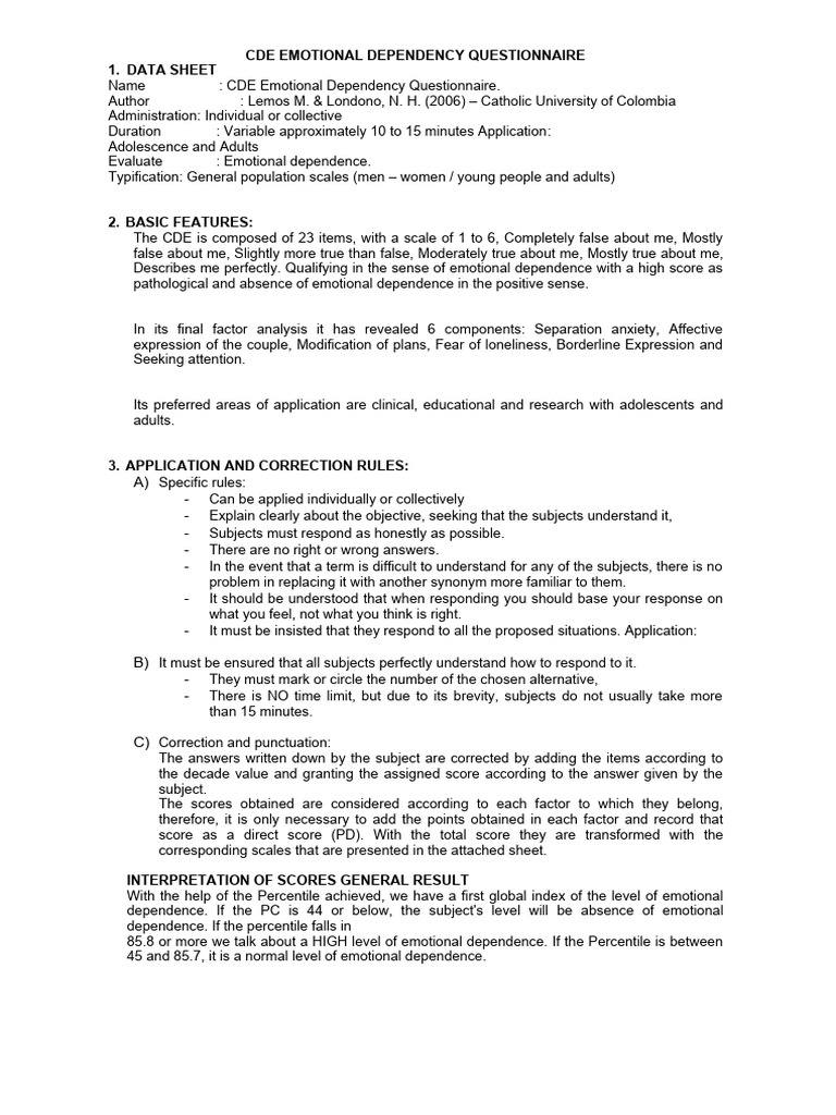 CDE Emotional Dependency Questionnaire | PDF | Adolescence | Emotions