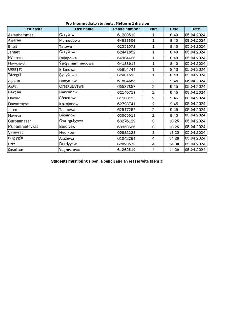 First Name Last Name Phone Number Time Date Pre-Intermediate Students ...