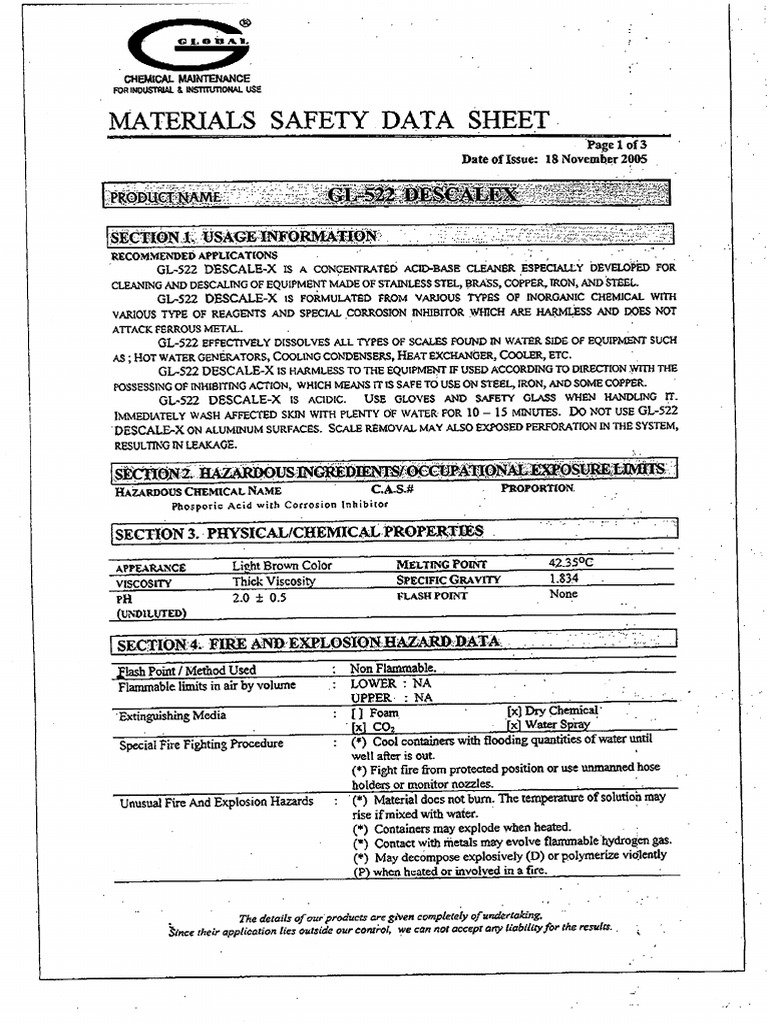 MSDS GL-522 Descalex | PDF