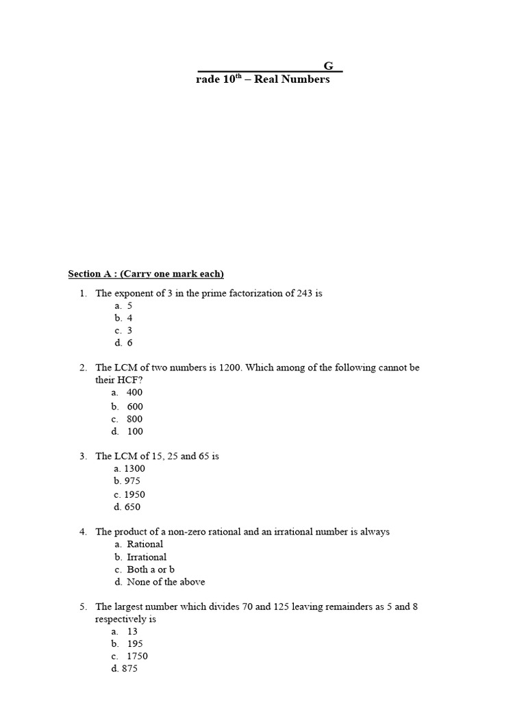 Grade 10_Math_ Real Numbers Worksheet 1 | PDF | Numbers | Prime Number
