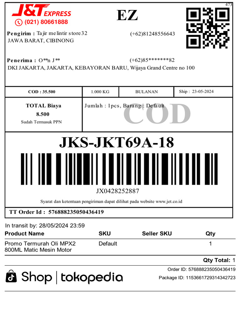 Resi JNT Di Tiktok Shop | PDF