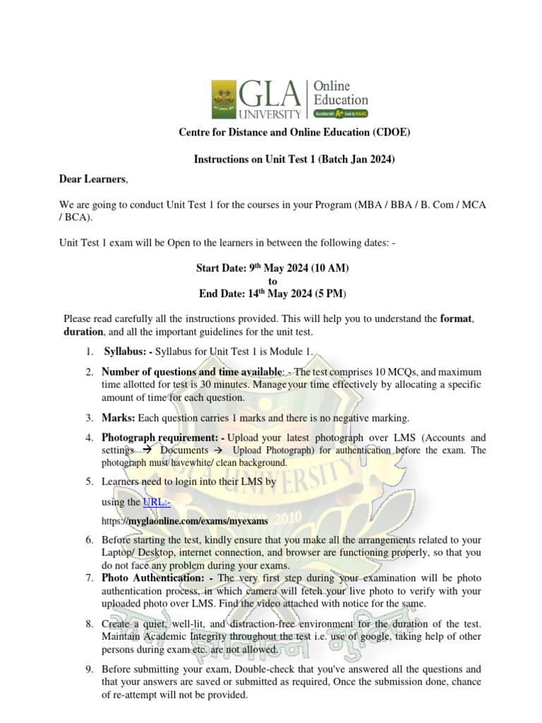 Unit Test 1 Instructions for Jan 2024 | PDF | Unit Testing