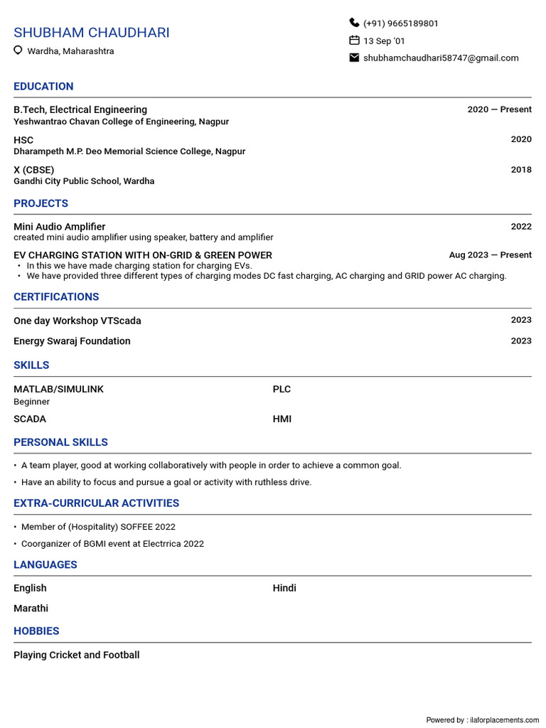 Shubham Chaudhari's Engineering Resume | PDF